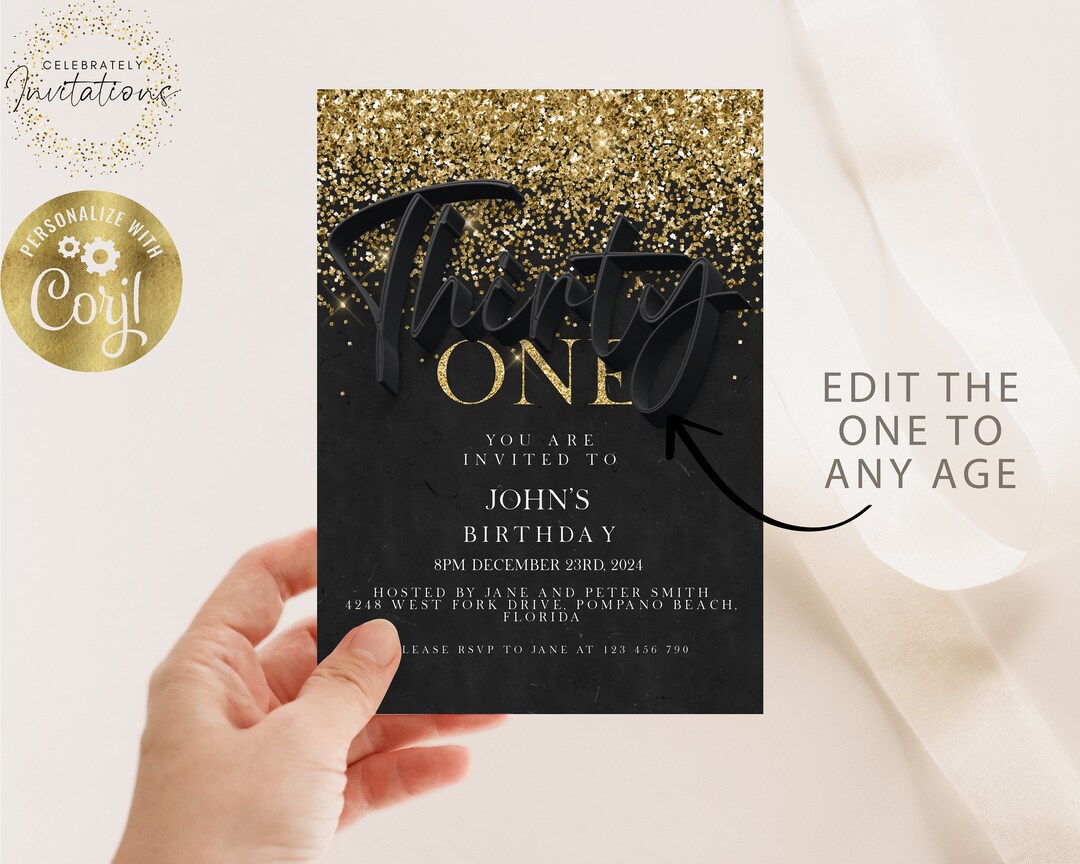31st Birthday Invitation Editable 31st Invite Black Gold Glitter ...