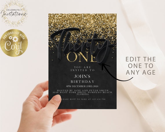 31st Birthday Invitation Editable 31st invite Black Gold Glitter ...