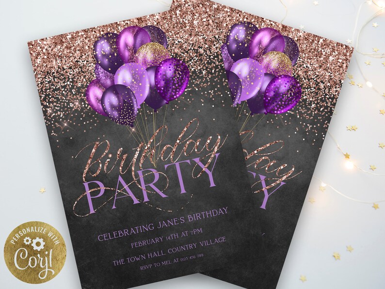 Purple Birthday Invitation Purple Balloons Chalkboard Editable ...