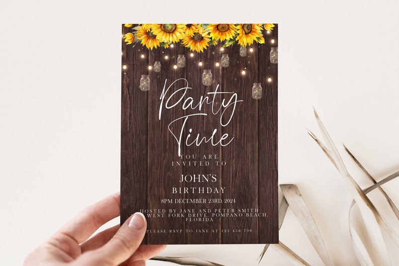 Rustic Party Invite Birthday Invitation Sunflowers Fireflies Wood Boho ...
