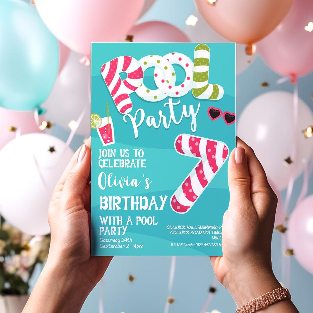 7th Birthday Editable Swimming Party Invitation for Girls, Pool Party ...