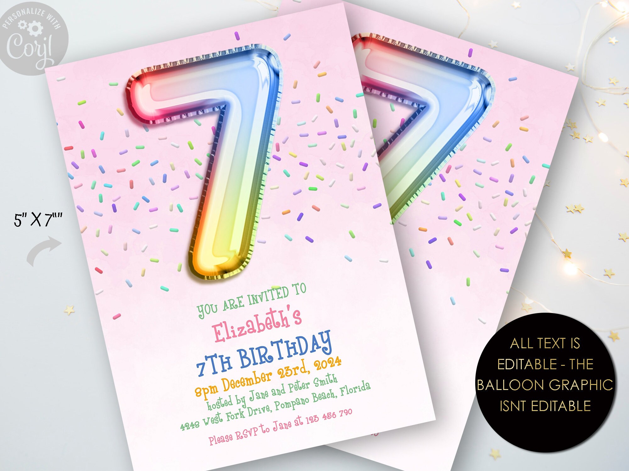 7th Rainbow Birthday Invitation Editable Template Rainbow - Etsy