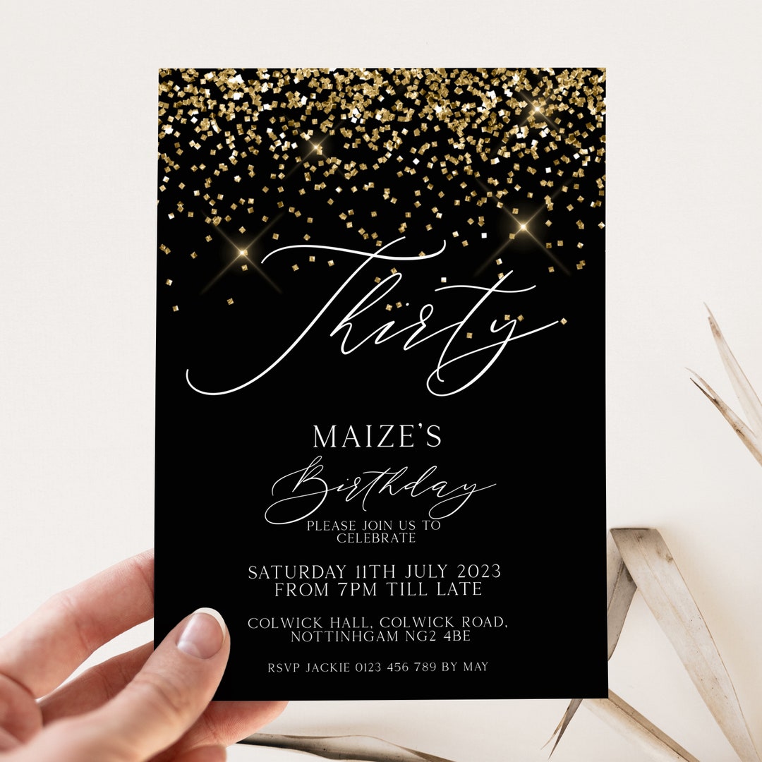 30th Birthday Party Invitation Invite Simple Modern Black Gold Glitter ...