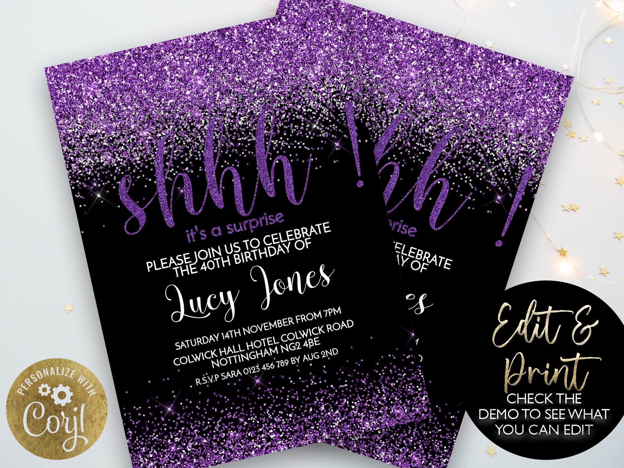 Purple Invitation Shhh It's a Surprise Party Birthday | Etsy