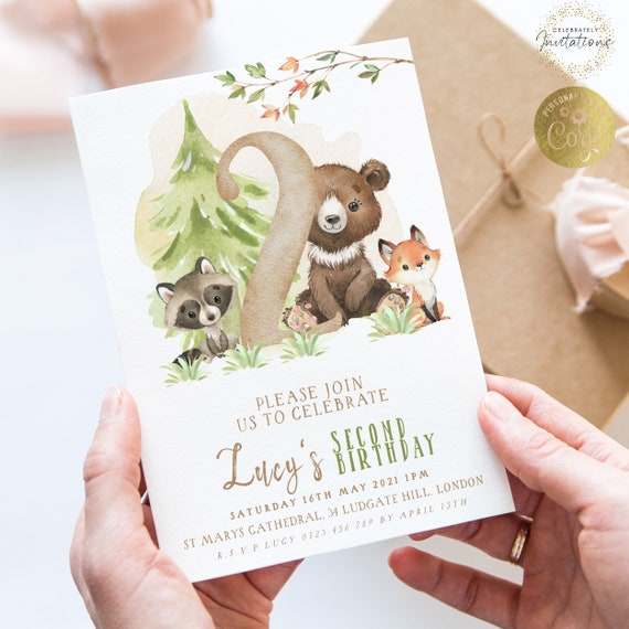 Editable Woodland 2nd Birthday Invitation, Woodland Animals Birthday ...