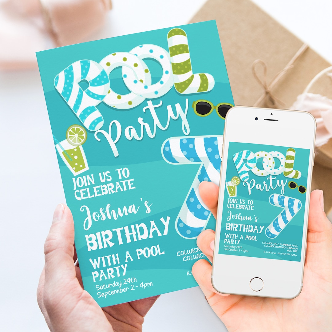 7th Birthday Pool Party Invitation for Boys, Editable Summer Party ...