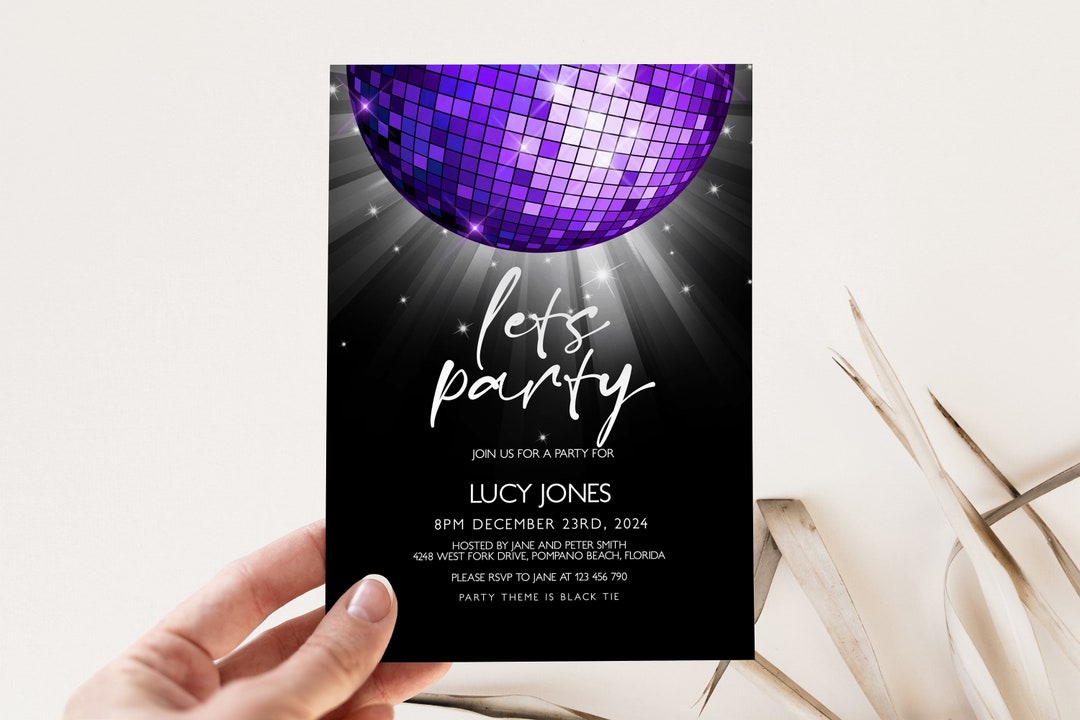 Purple Disco Ball Invitation Lets Celebrate Party Template All Text ...