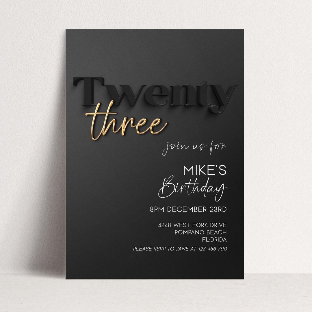 23rd Birthday Invite Editable - Modern Black Gold Party Invitation ...