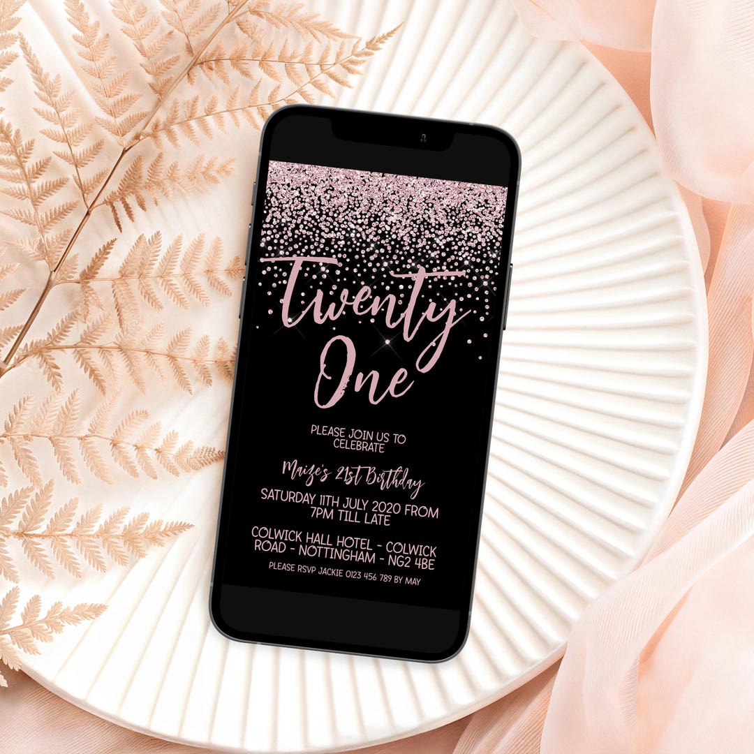 Editable 21st Birthday Invitation for Her, Pink Glitter Digital Invite ...
