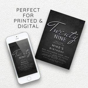 29th Birthday Invitation Editable Any 20s Age Invite Black Silver ...