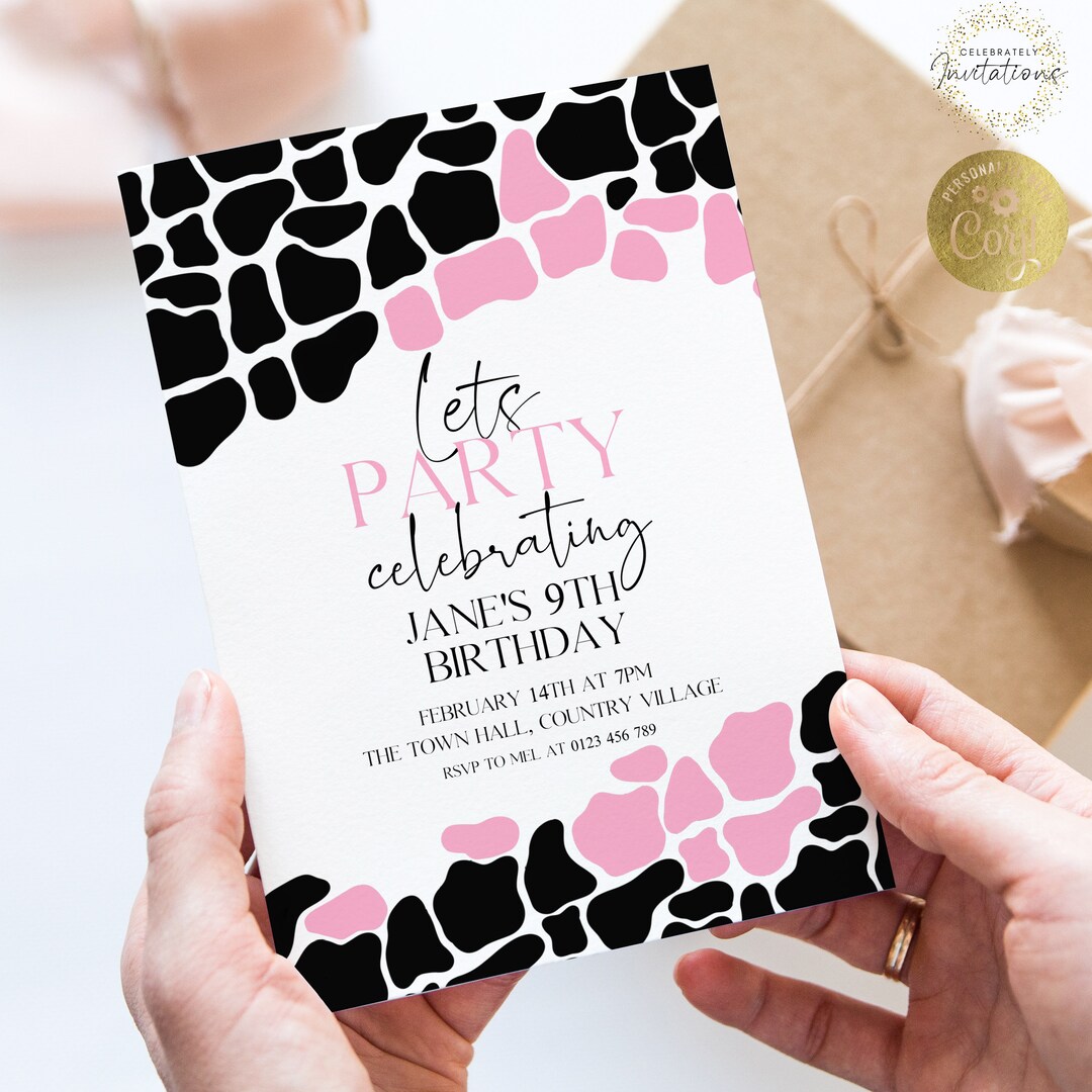 Editable Cow Print Party Invitation Pink Cow Print Birthday Invite ...