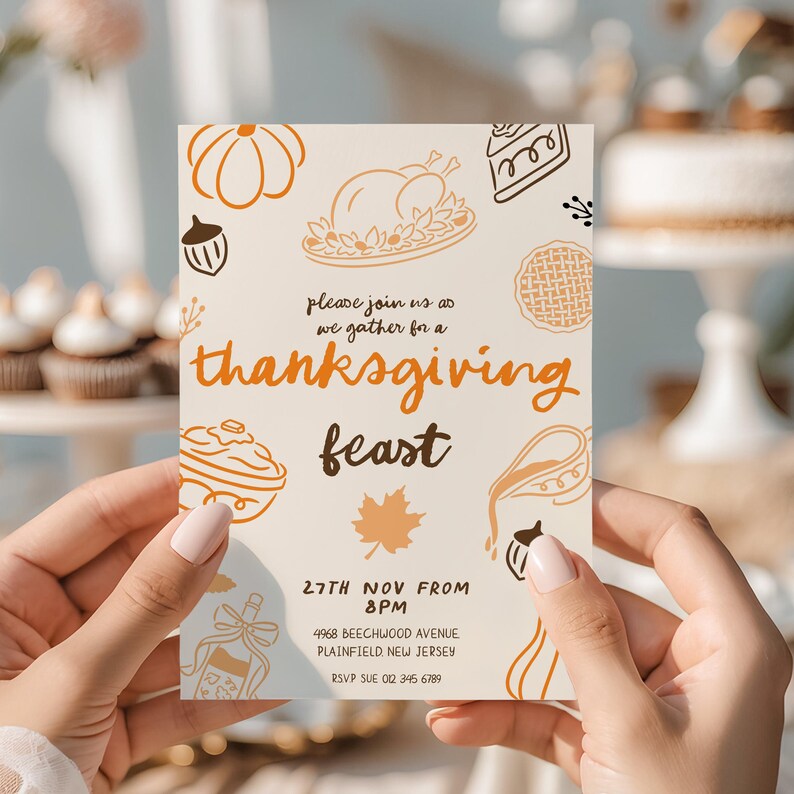 Thanksgiving Invite Editable Feast Invitation: Autumn Doodle Design ...