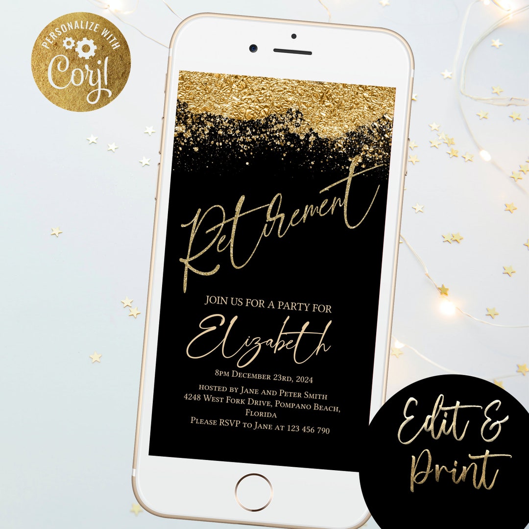 Retirement Electronic Invitation Glam Digital Invitation Black and Gold ...