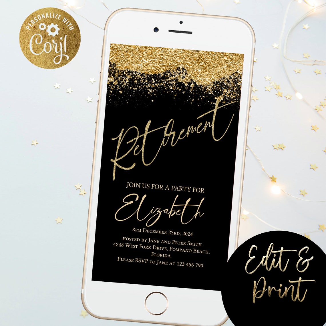 Retirement Electronic Invitation Glam Digital Invitation Black | Etsy