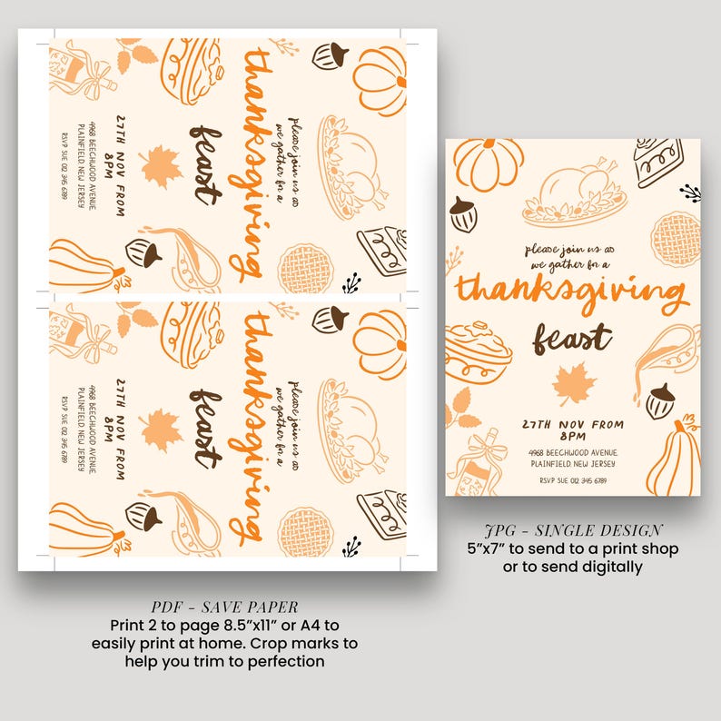 Thanksgiving Invite Editable Feast Invitation: Autumn Doodle Design ...