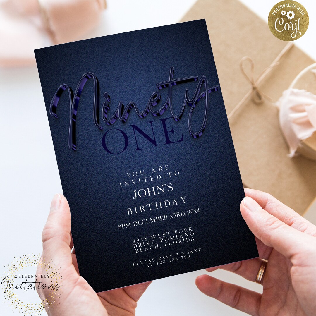 91st Birthday Invitation Editable 91st Invite Navy Invitation Simple ...
