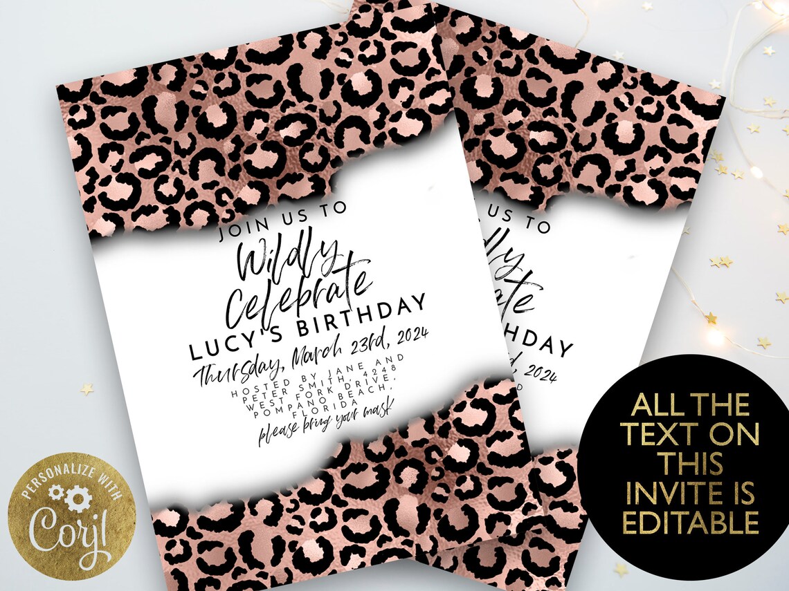 Editable Leopard Print Party Invitation Rose Gold Faux Glitter | Etsy