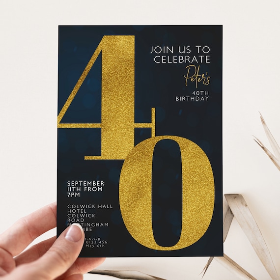 40th Birthday Invitation for Men, Black Gold Editable Forty For Him Boys Men Template Corjl ...