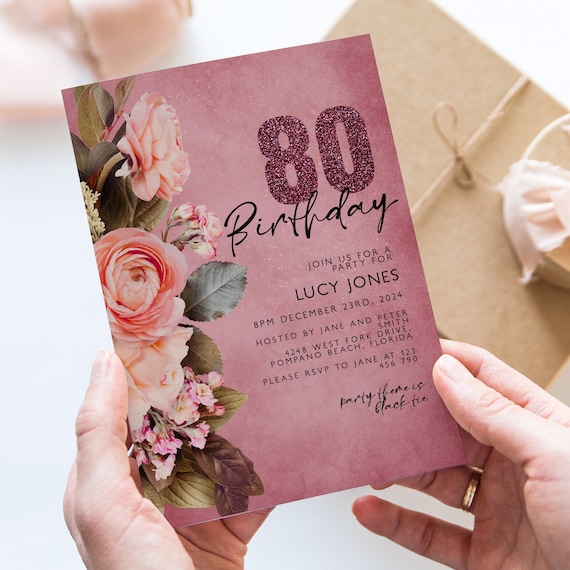 80th Birthday Invitation Template Floral Editable Birthday Etsy