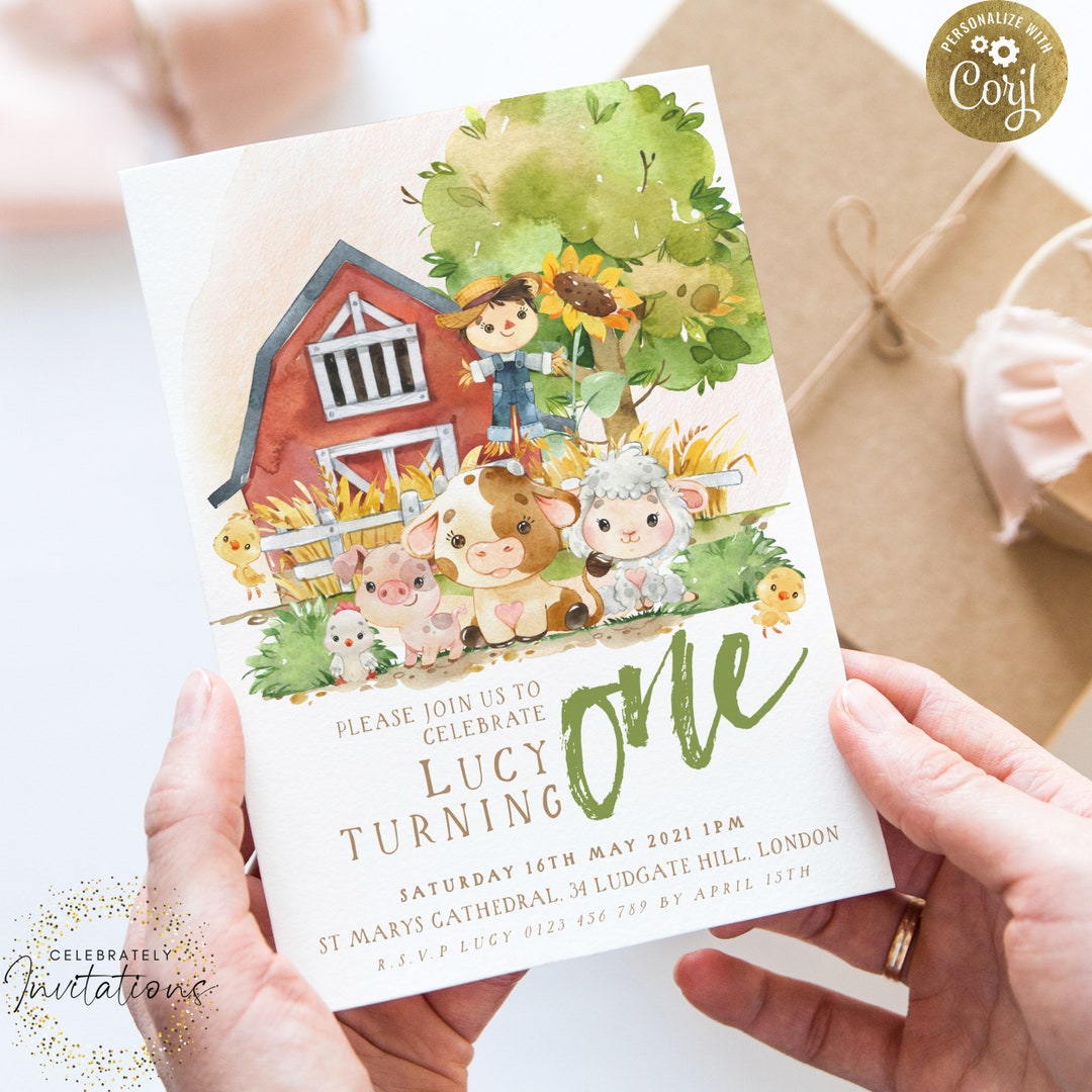 Farmyard 1st Birthday Invitation EDITABLE Gender Neutral Farm Animals ...