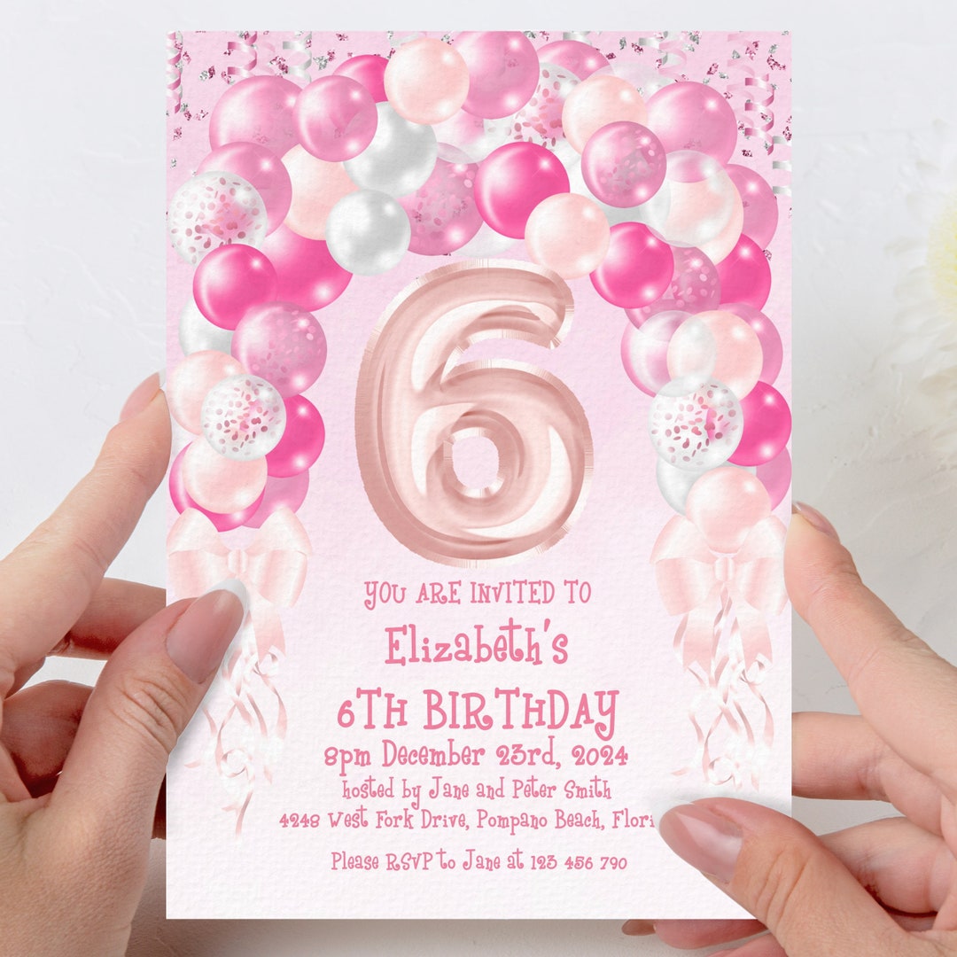 6th Pink Blush Birthday Invitation Editable Template Pink Balloon Arch ...