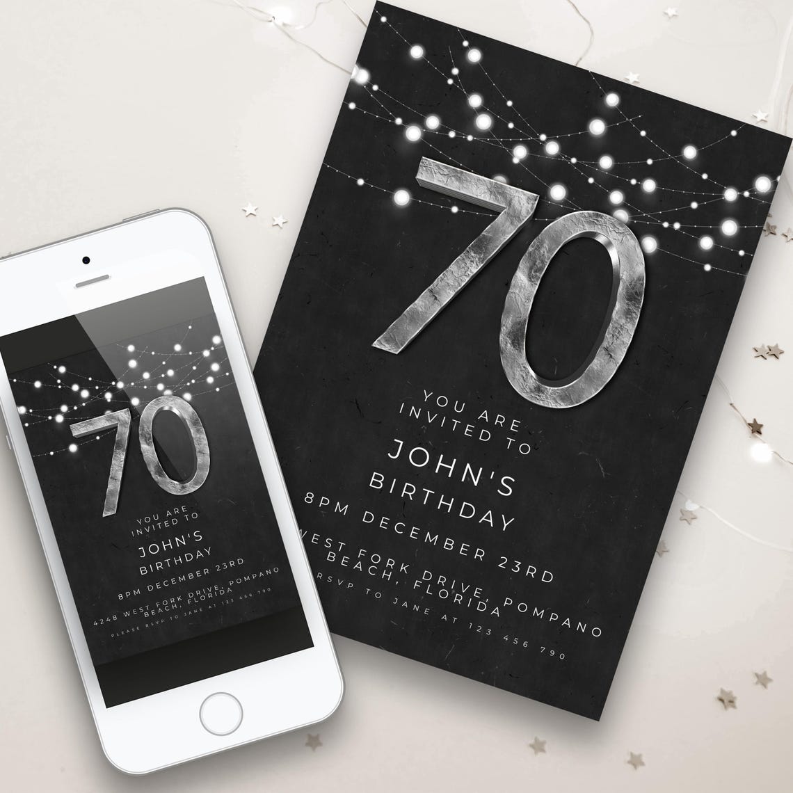 70th Birthday Invitation Editable Template Black Silver Simple Elegant ...