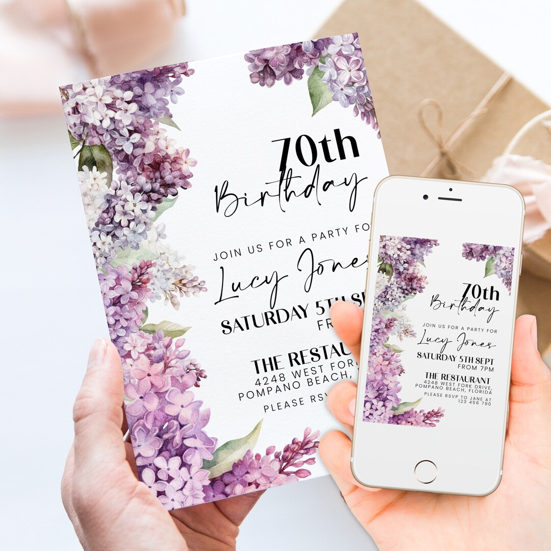 Floral Ladies 70th Birthday Invitation Lilac Flowers Birthday Party ...