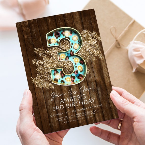 3rd Birthday Invitation Editable Template Marquee Glitter Rustic Dark ...