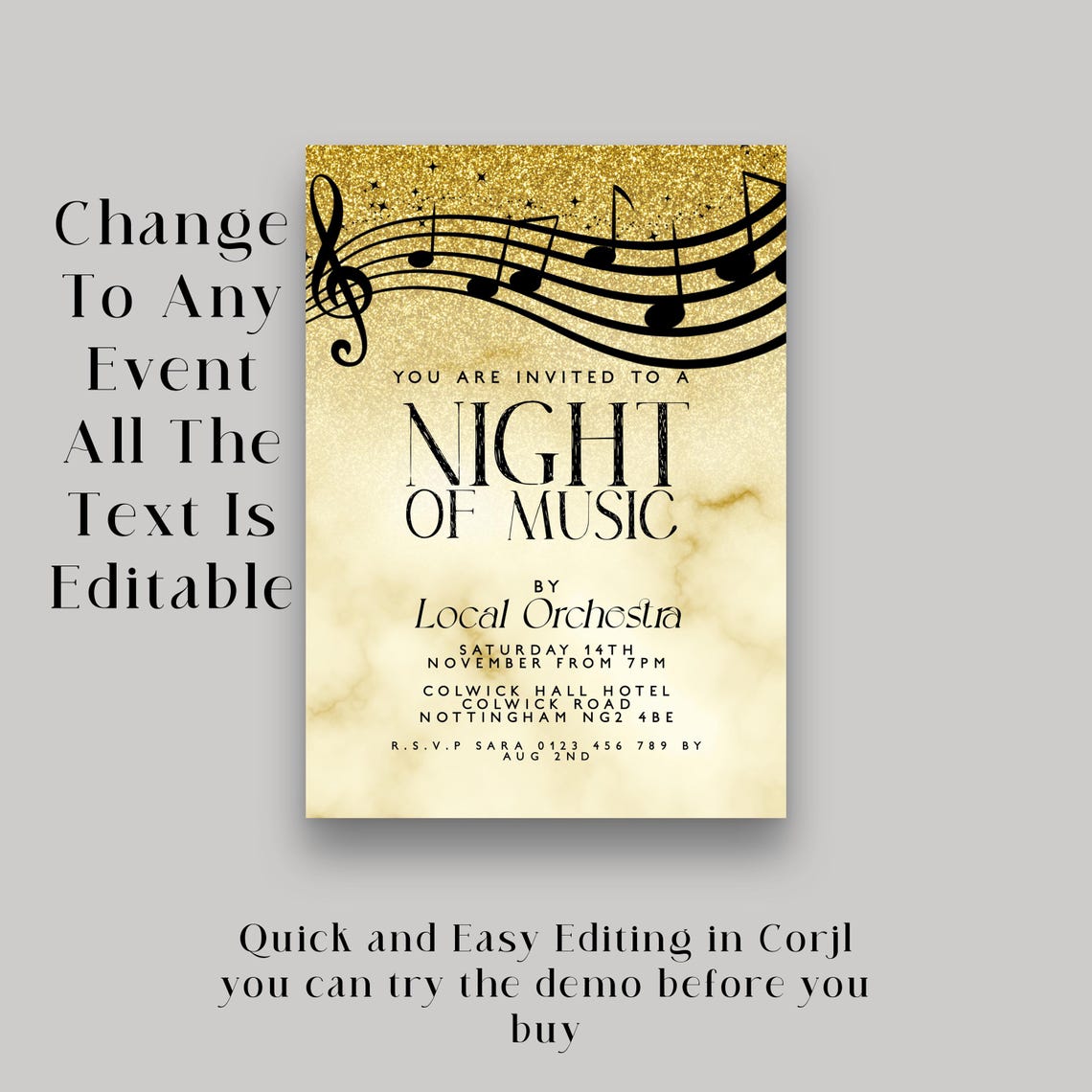 Elegant Night of Music Invitation Gold Musical Event Invite Printable ...