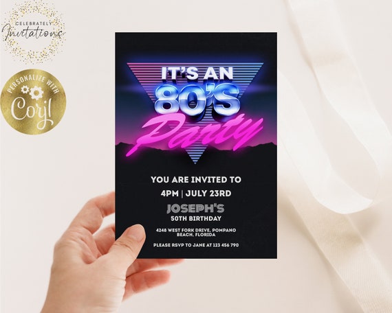 80's Themed Birthday Invitation Editable, Retro 80's Invite , Neon 80 ...