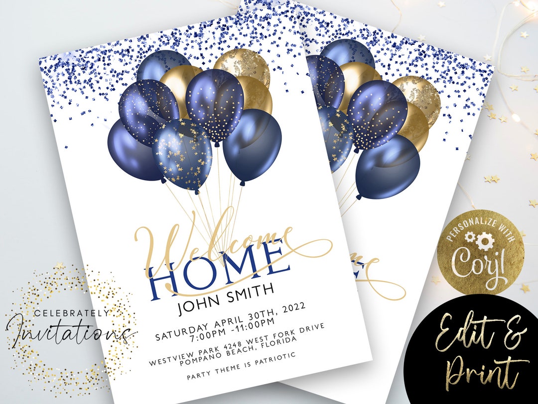 Welcome Home Invitation Navy Gold Welcome Invite Homecoming Party ...