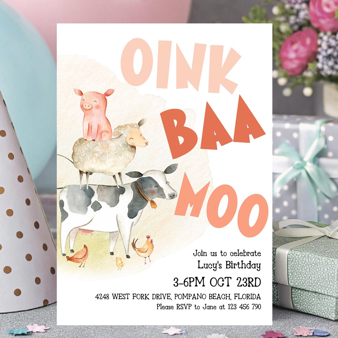 Editable Farm Birthday Invitation – Oink Baa Moo Corjl Template With ...