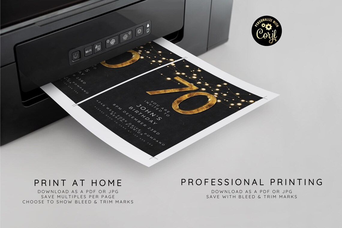 70th Birthday Invitation Editable Template Black Gold Simple Elegant ...