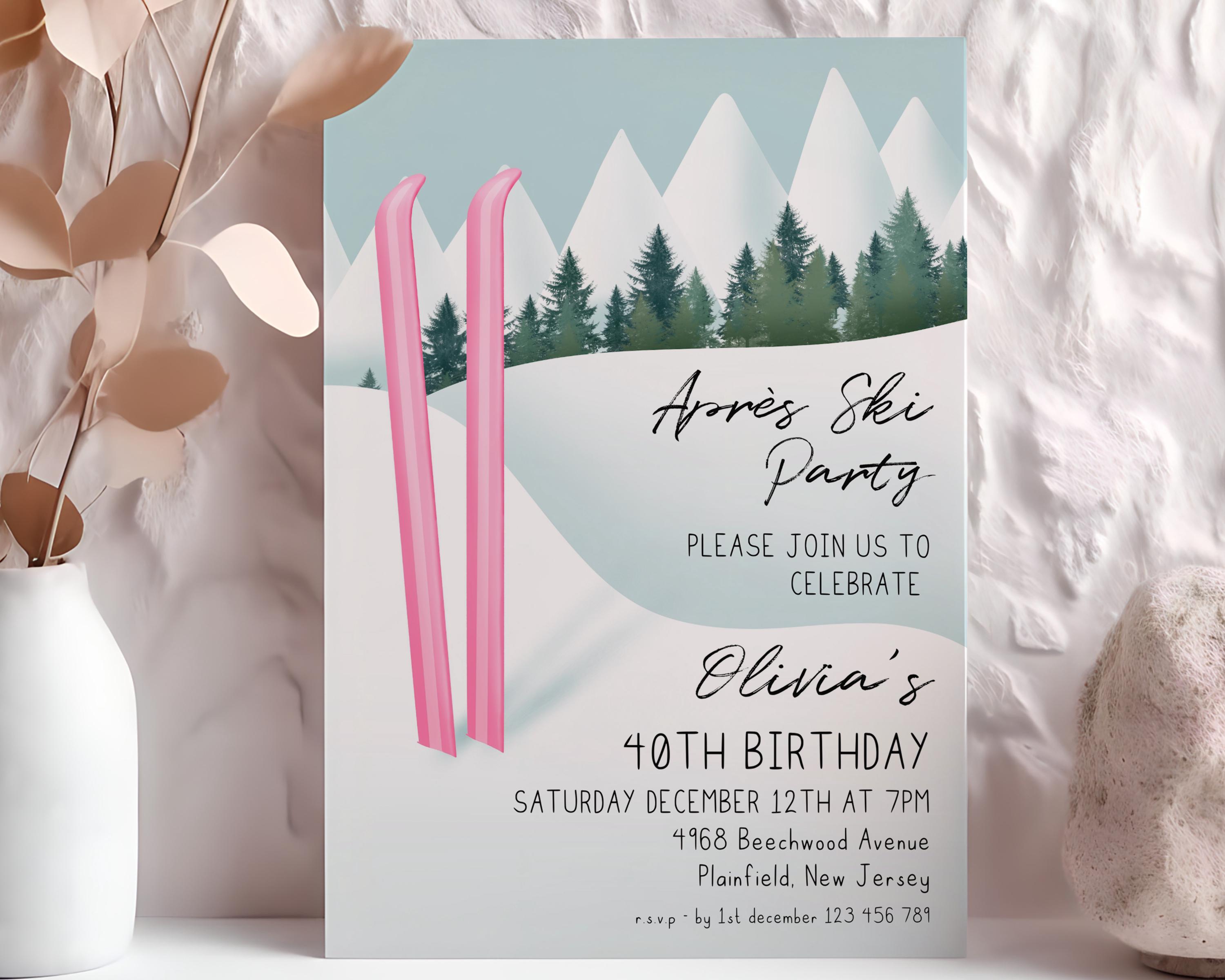 Après Ski Party Invitation – Editable Pink Ski 40th Birthday Invite ...