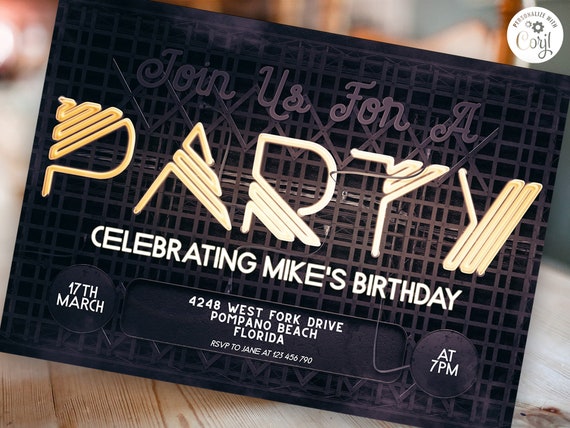 Grunge Birthday Invitation Neon Invite For Him Boys Men Grunge Party ...