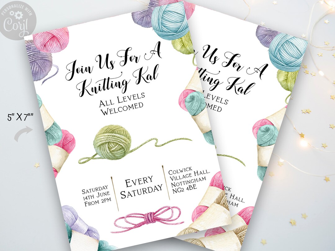 Knitting KAL Invitation – Editable Knit Along Party Template, Instant ...