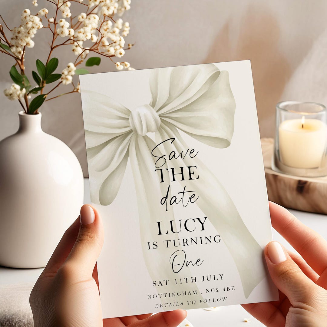 Neutral Bow Save the Date Birthday Invite, Printable Editable Template ...