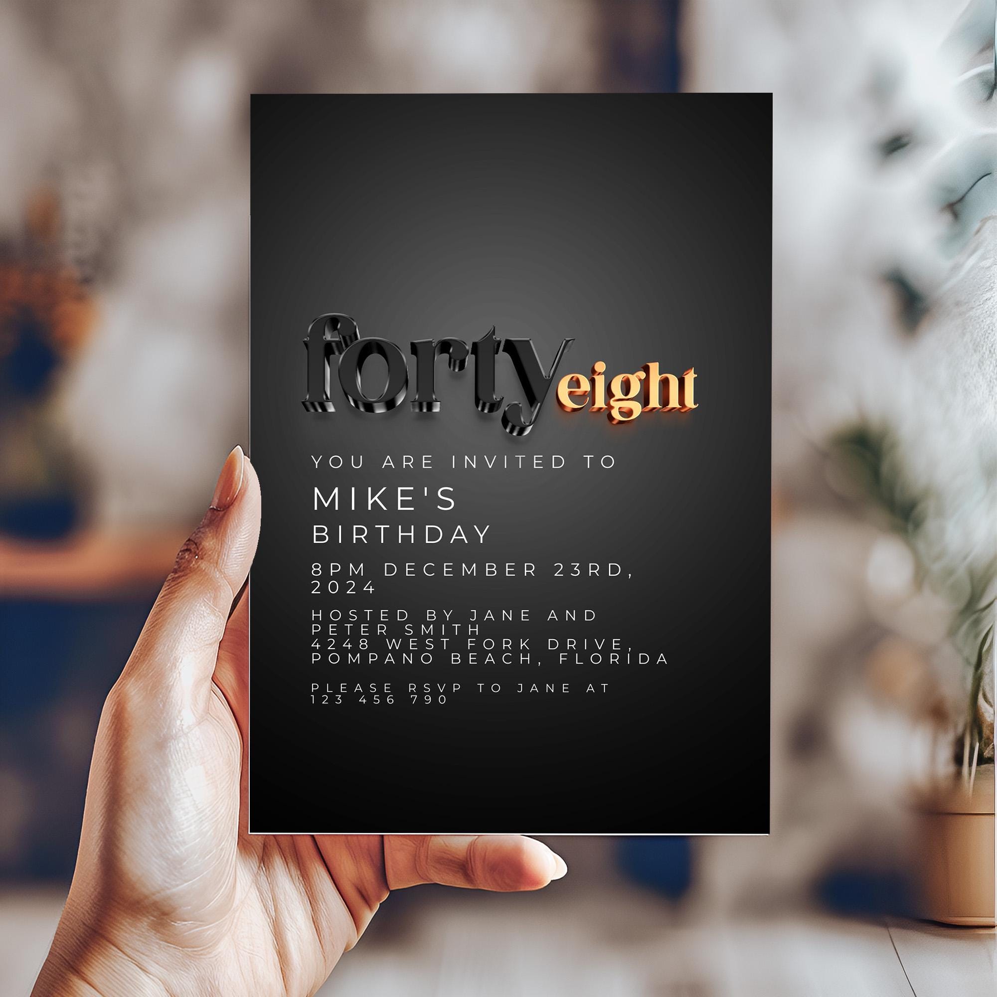 48th Birthday Invitation Editable Template: Black Gold Minimalist Style ...