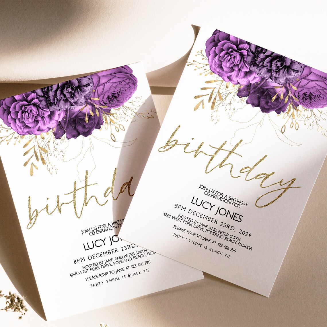 Purple Invitation Editable Floral Birthday Invitation With - Etsy