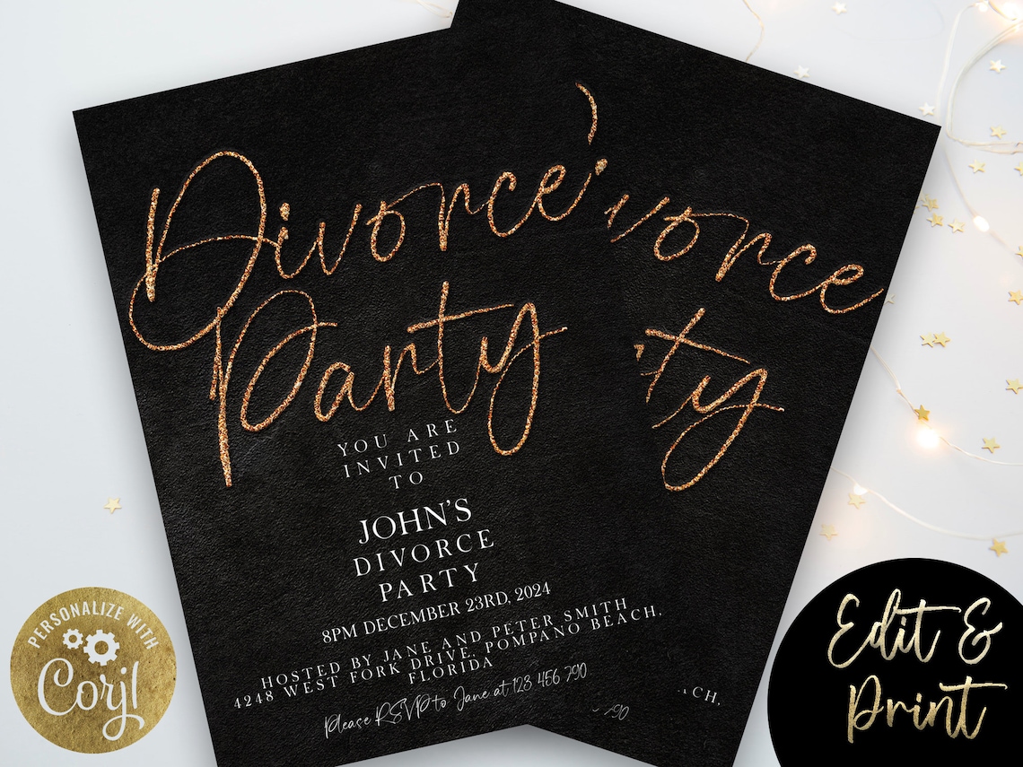 Divorce Party Invitation Editable Invite Gold Glitter Black | Etsy