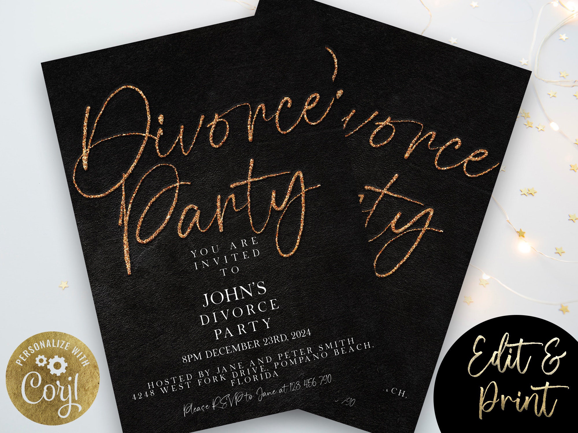 Divorce Party Invitation Editable Invite Gold Glitter Black | Etsy