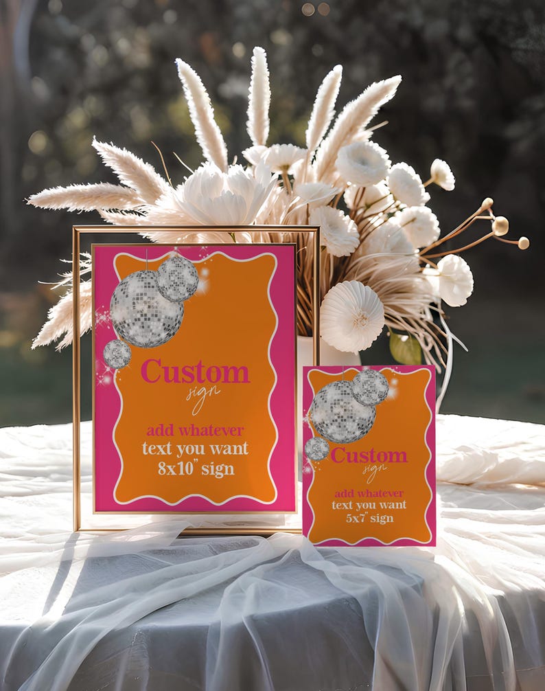 Editable Retro Wave Table Signs Glitter Ball Party Decor Corjl ...