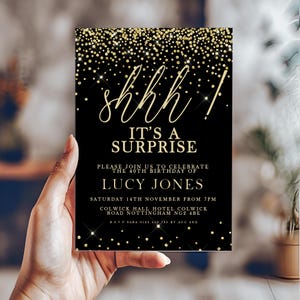 Elegant Surprise Party Invitation, Black and Gold Glitter Design, Editable 40th Birthday Invite ...