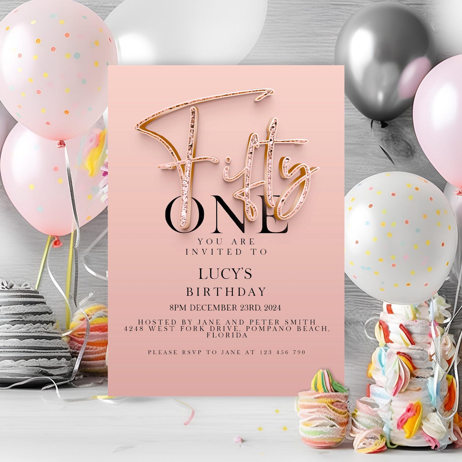 51st Birthday Invitation Editable Invite Blush Sparkly Invitation ...