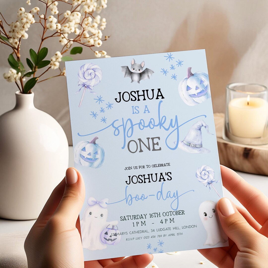 Editable Spooky One Birthday Invitation, Blue Halloween 1st Birthday ...