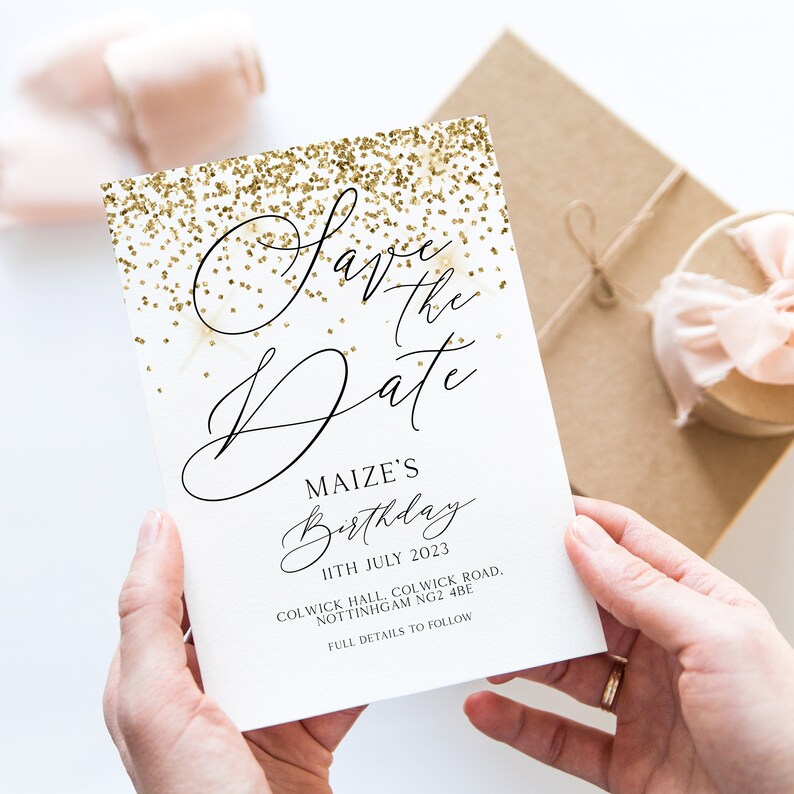Save the Date Birthday Party Invitation Invite Simple Modern Glitter ...