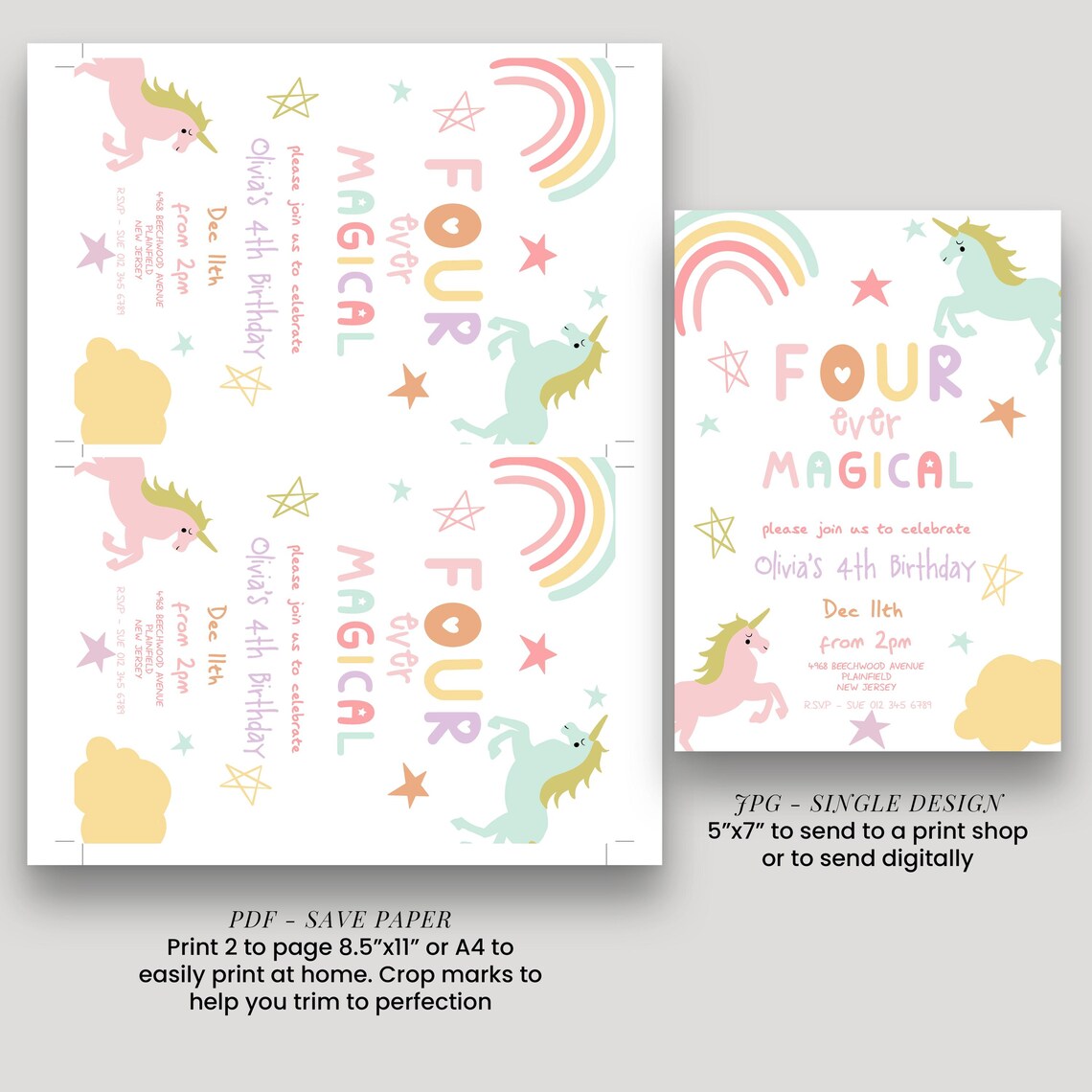 Four Ever Magical Unicorn Birthday Invite Editable Corjl Girl Pastel ...