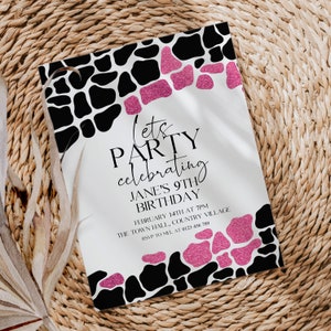 Editable Cow Print Party Invitation Pink Glitter Cow Print Birthday ...