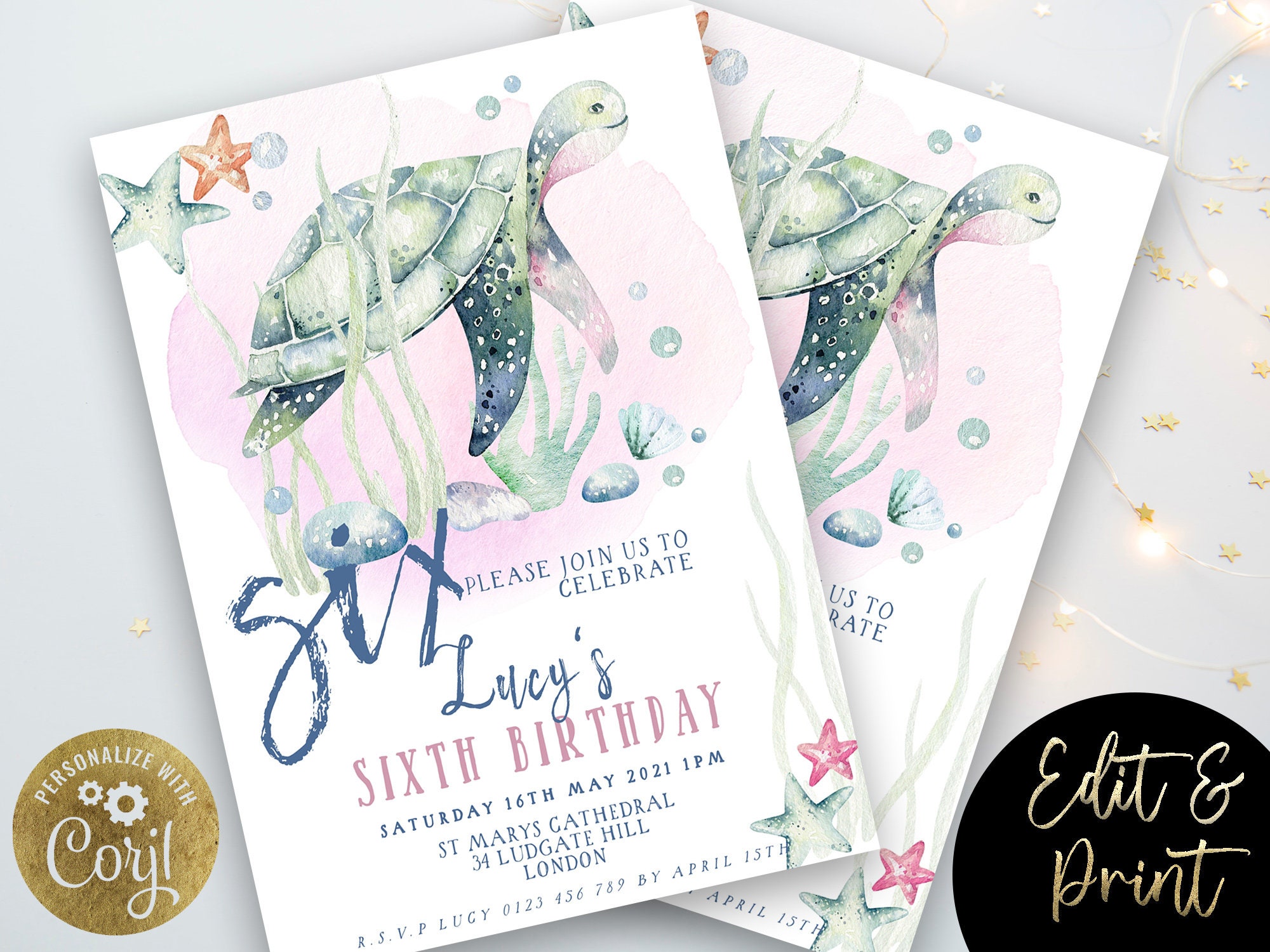 6th Birthday Invitation Turtle Sea Life Invite Printable Instant ...