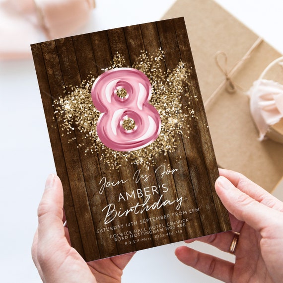 8th Birthday Party Invitation Template, Rustic Pink Balloon Gold ...